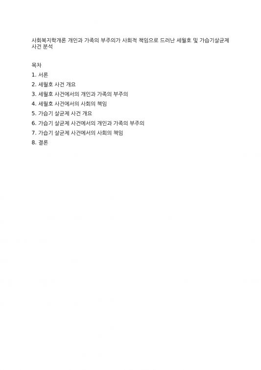 사회복지학개론 개인과 가족의 부주의가 사회적 책임으로 드러난 세월호 및 가습기살균제 사건 분석