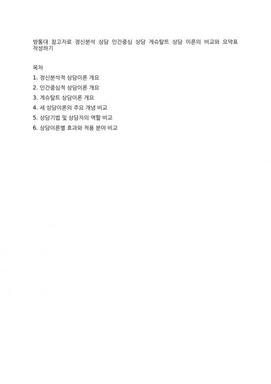 방통대 참고자료 정신분석 상담 인간중심 상담 게슈탈트 상담 이론의 비교와 요약표 작성하기