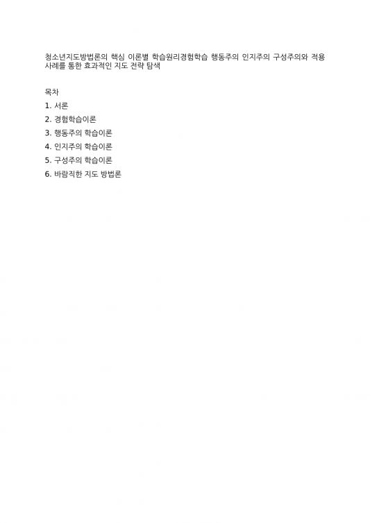 청소년지도방법론의 핵심 이론별 학습원리경험학습 행동주의 인지주의 구성주의와 적용 사례를 통한 효과적인 지도 전략 탐색