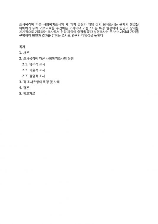 조사목적에 따른 사회복지조사의 세 가지 유형과 개념 정의 탐색조사는 문제의 본질을 이해하기 위해 기초자료를 수집하는 조사이며 기술조사는 특정 현상이나 집단의 상태를 체계적으로 기록하는 조사로서 현상 파악에 중점을 둔다 설명조사는 두 변수 사이의 관계를 규명하여 원인과 결과를 밝히는 조사로 연구의 타당성을 높인다