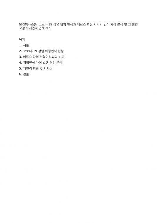 보건의사소통  코로나19 감염 위험 인식과 메르스 확산 시기의 인식 차이 분석 및 그 원인 고찰과 개인적 견해 제시
