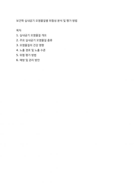 보건학 실내공기 오염물질별 위험성 분석 및 평가 방법