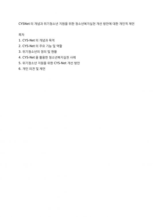 CYSNet의 개념과 위기청소년 지원을 위한 청소년복지실천 개선 방안에 대한 개인적 제언