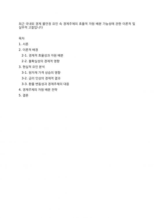 최근 국내외 경제 불안정 요인 속 경제주체의 효율적 자원 배분 가능성에 관한 이론적 및 실무적 고찰입니다