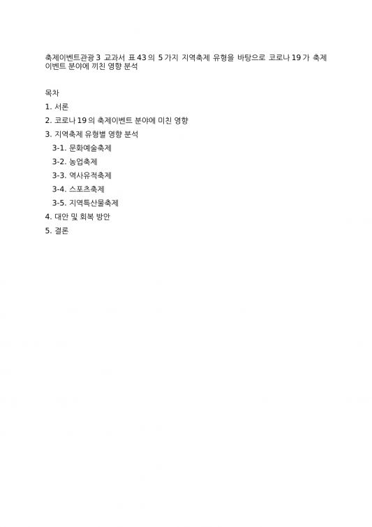 축제이벤트관광3 교과서 표43의 5가지 지역축제 유형을 바탕으로 코로나19가 축제 이벤트 분야에 끼친 영향 분석