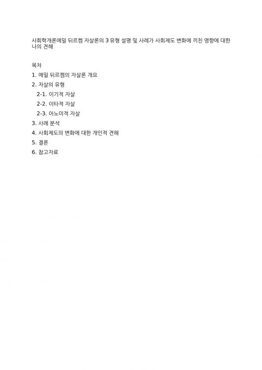 사회학개론에밀 뒤르켐 자살론의 3유형 설명 및 사례가 사회제도 변화에 끼친 영향에 대한 나의 견해