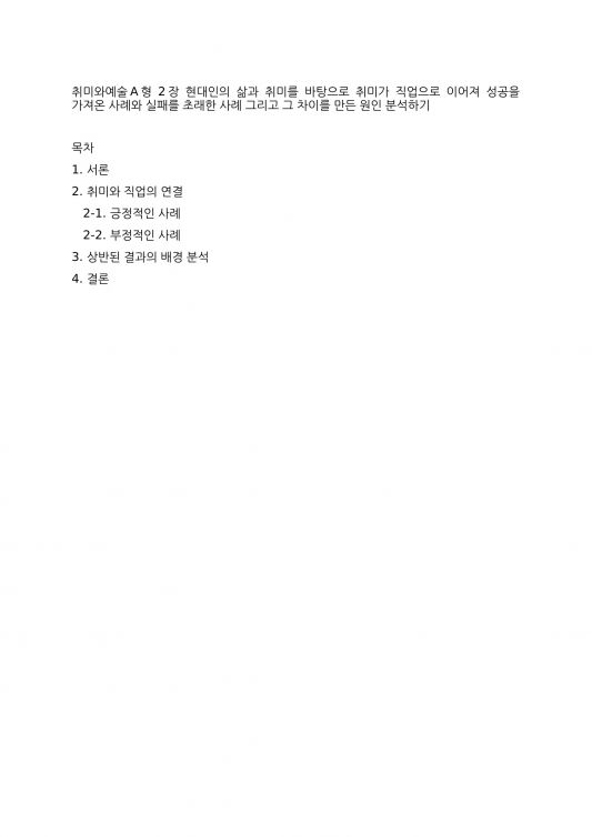 취미와예술A형 2장 현대인의 삶과 취미를 바탕으로 취미가 직업으로 이어져 성공을 가져온 사례와 실패를 초래한 사례 그리고 그 차이를 만든 원인 분석하기