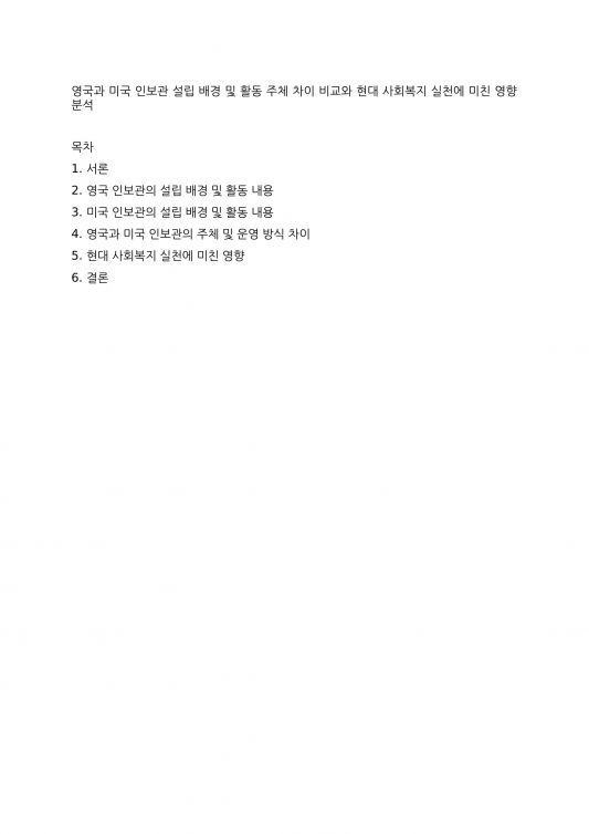 영국과 미국 인보관 설립 배경 및 활동 주체 차이 비교와 현대 사회복지 실천에 미친 영향 분석