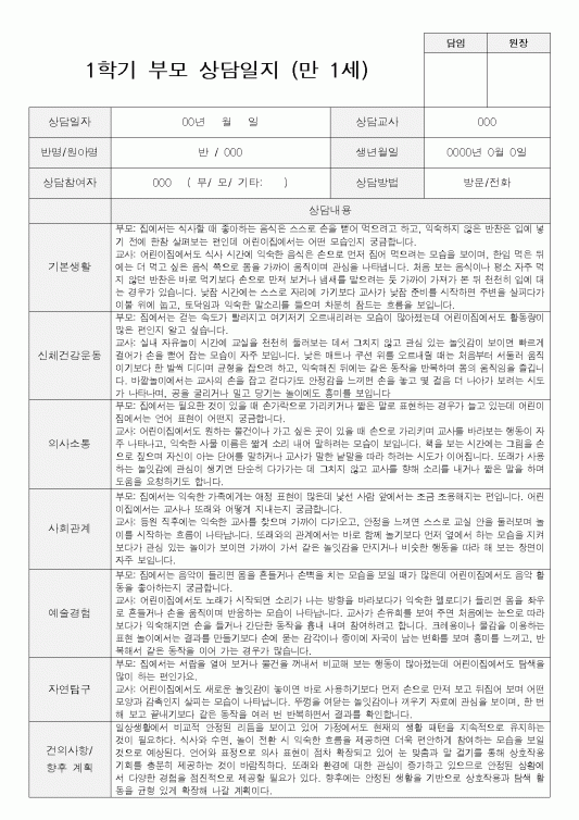 만1세 10명 1학기 실제 대면 상담 적용 부모 상담일지