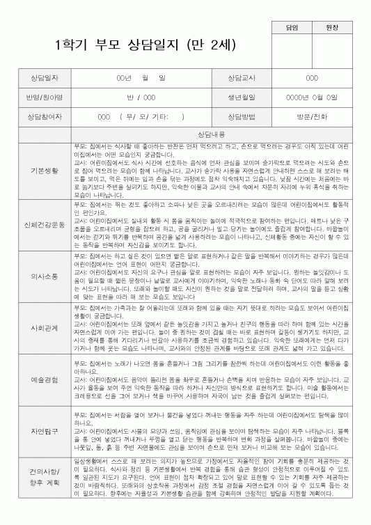 만2세 12명 1학기 실제 대면 상담 적용 부모 상담일지