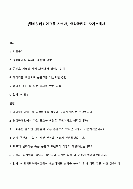 [얼티밋커리어그룹 자소서] 영상마케팅 자기소개서