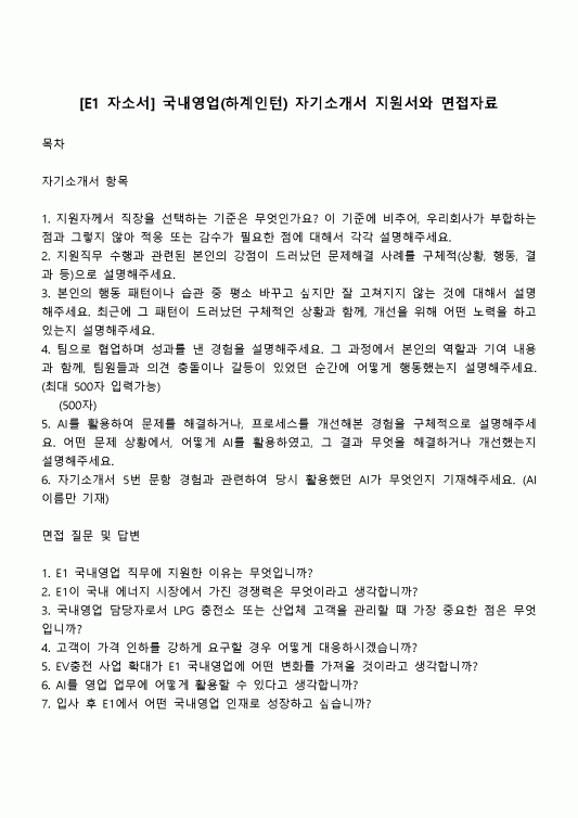[E1 자소서] 국내영업(하계인턴) 자기소개서 지원서와 면접자료