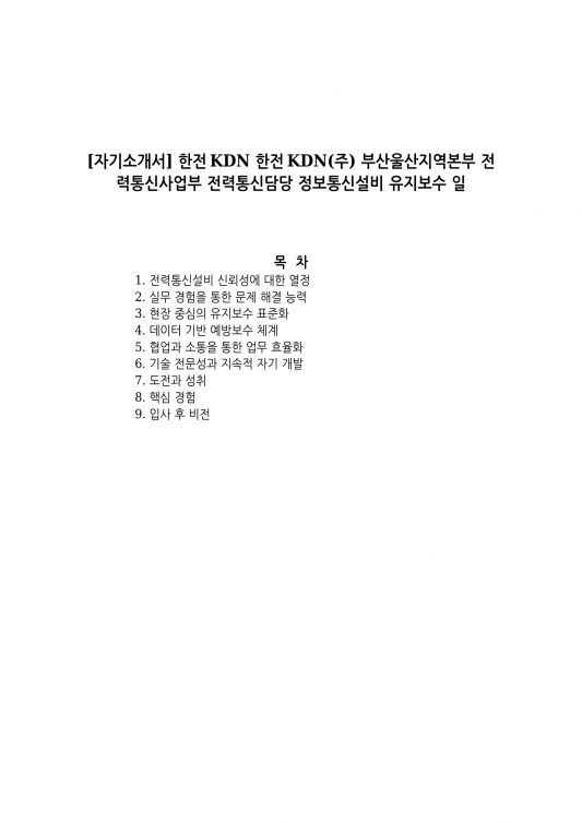 [자기소개서] 한전KDN 한전KDN(주) 부산울산지역본부 전력통신사업부 전력통신담당 정보통신설비 유지보수 일