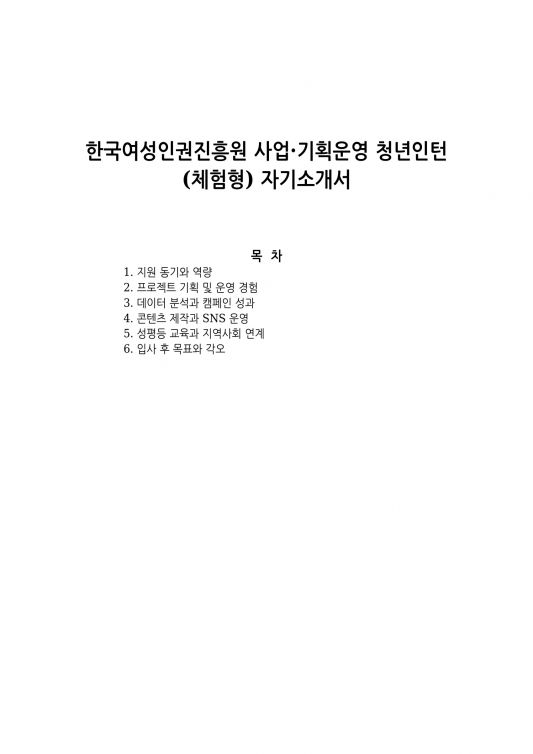 한국여성인권진흥원 사업·기획운영 청년인턴(체험형) 자기소개서