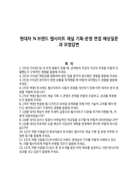 현대차 N브랜드 웹사이트 채널 기획·운영 면접 예상질문과 모범답변