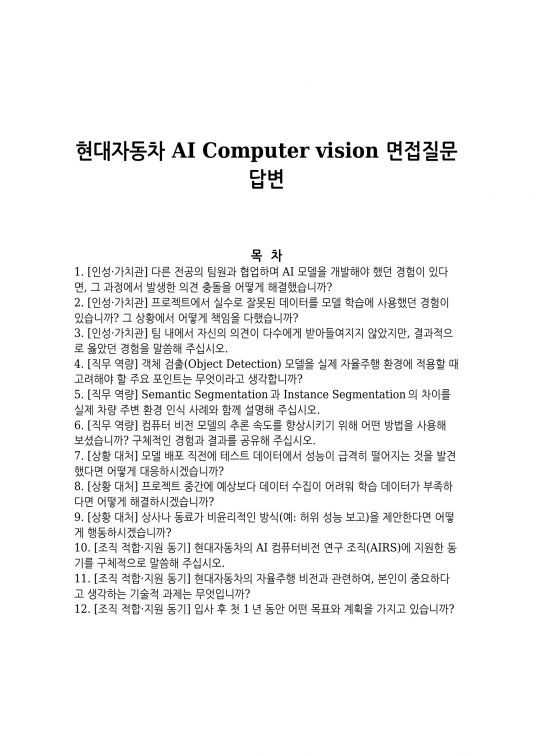 현대자동차 AI Computer vision 면접질문답변
