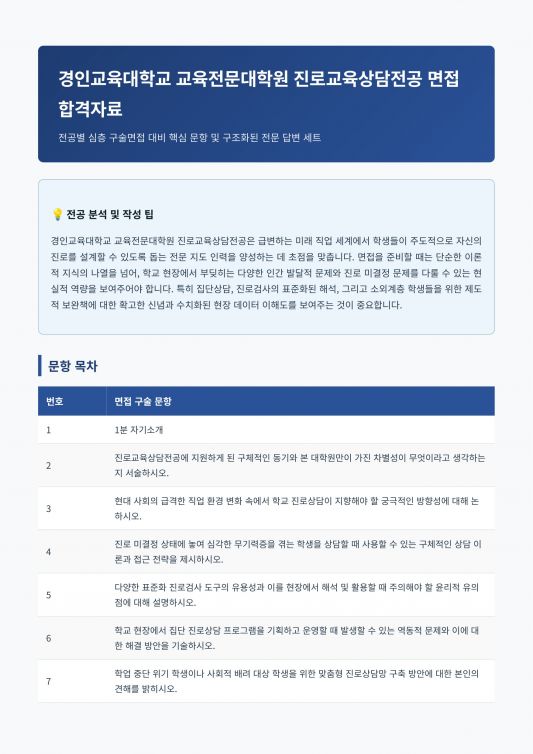 경인교육대학교 교육전문대학원 진로교육상담전공 면접 자기소개 스크립트 및 실제 면접 기출 질문답변
