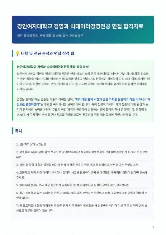경인여자대학교 경영과 빅데이터경영전공 면접 자료 자기소개 스크립트 및 실제 면접 기출 질문답변