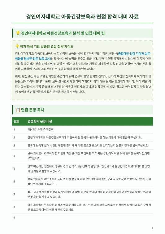 경인여자대학교 아동건강보육과 면접 대비 자료 자기소개 스크립트 및 실제 면접 기출 질문답변