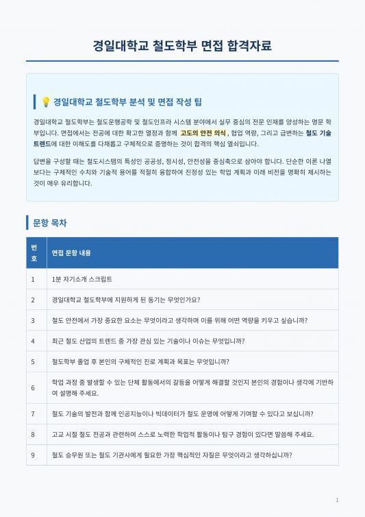 경일대학교 철도학부 면접 자료 자기소개 스크립트 및 실제 면접 기출 질문답변