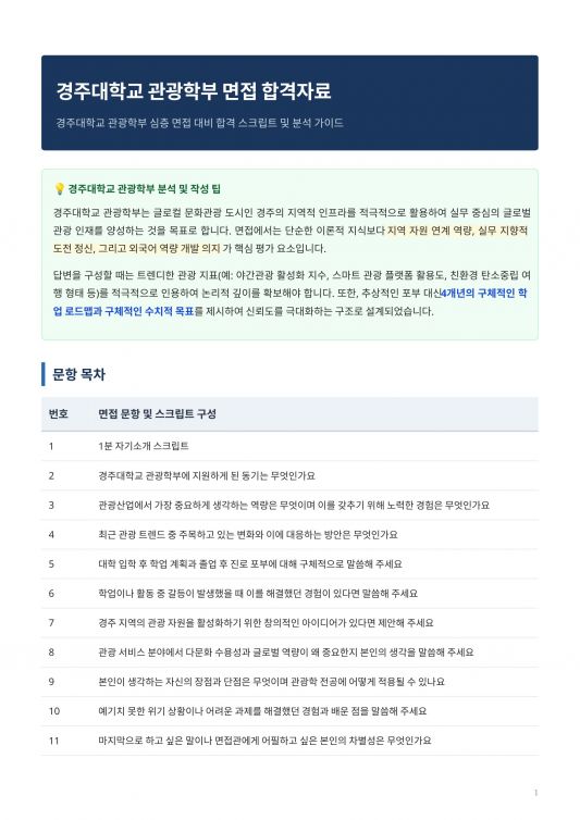 경주대학교 관광학부 면접 자료 자기소개 스크립트 및 실제 면접 기출 질문답변
