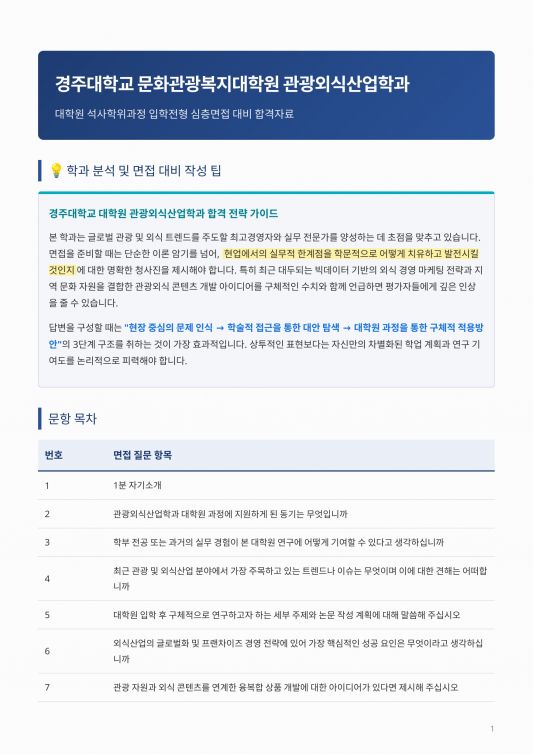 경주대학교 문화관광복지대학원 관광외식산업학과 자기소개 스크립트 및 실제 면접 기출 질문답변