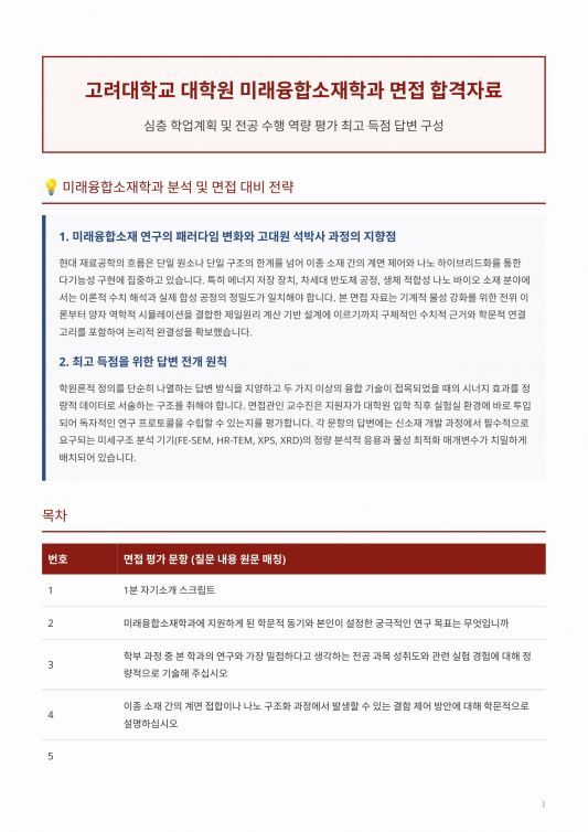 고려대학교 대학원 미래융합소재학과 면접 자료 자기소개 스크립트 및 실제 면접 기출 질문답변