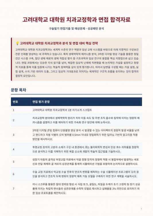 고려대학교 대학원 치과교정학과 면접 자료 자기소개 스크립트 및 실제 면접 기출 질문답변