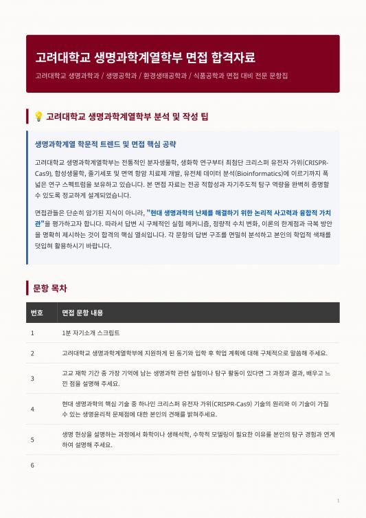 고려대학교 생명과학계열학부 면접 자료 자기소개 스크립트 및 실제 면접 기출 질문답변