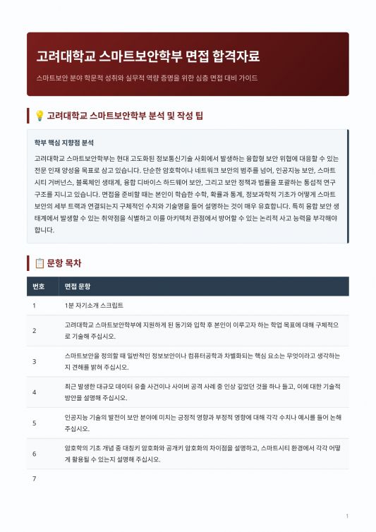고려대학교 스마트보안학부 면접 자료 자기소개 스크립트 및 실제 면접 기출 질문답변