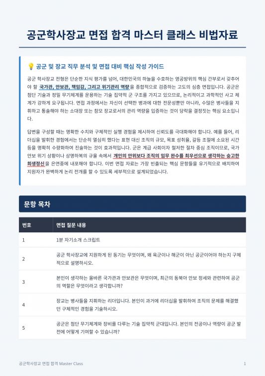 공군학사장교 면접 마스터 클래스 비법자료 자기소개 스크립트 및 실제 면접 기출 질문답변
