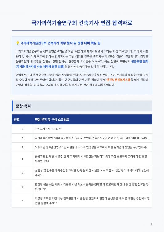 국가과학기술연구회 건축기사 면접 자료 자기소개 스크립트 및 실제 면접 기출 질문답변