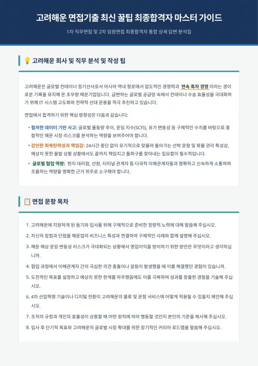 고려해운 면접기출 꿀팁 최종자 마스터 가이드 자기소개 스크립트 및 실제 면접 기출 질문답변