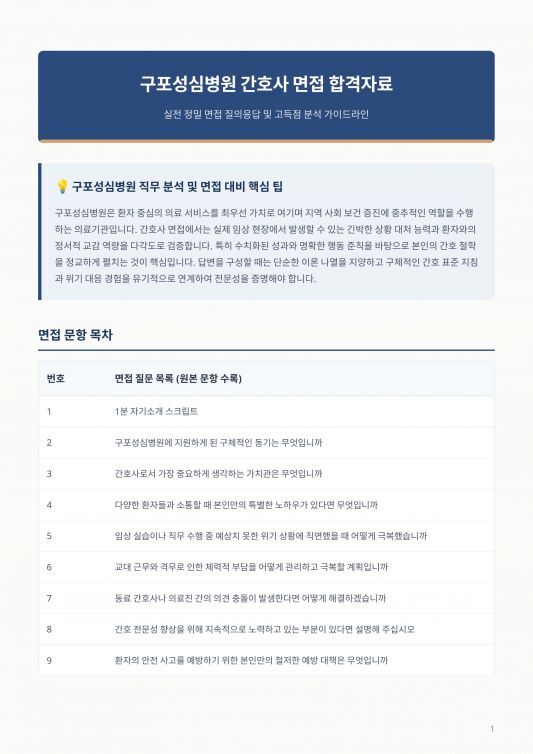 구포성심병원 간호사 면접 자료 자기소개 스크립트 및 실제 면접 기출 질문답변