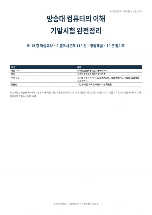 방송대 컴퓨터의이해 기말시험 5~15강 핵심요약 + 기출유사문제 110선 정답해설