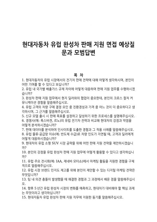 현대자동차 유럽 완성차 판매 지원 면접 예상질문과 모범답변
