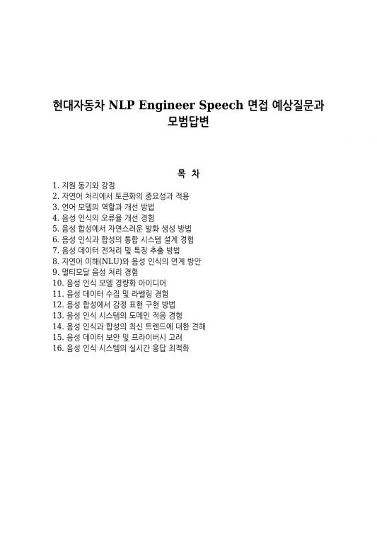 현대자동차 NLP Engineer Speech 면접 예상질문과 모범답변