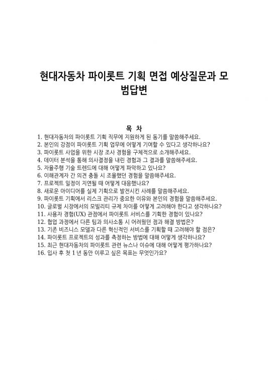 현대자동차 파이롯트 기획 면접 예상질문과 모범답변