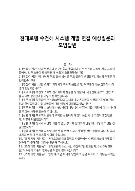 현대로템 수전해 시스템 개발 면접 예상질문과 모범답변