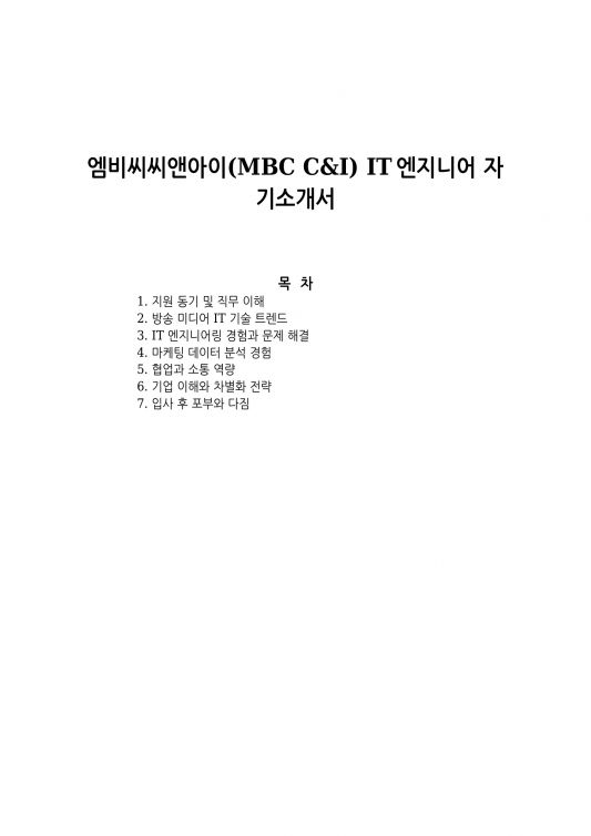 엠비씨씨앤아이(MBC C&I) IT엔지니어 자기소개서