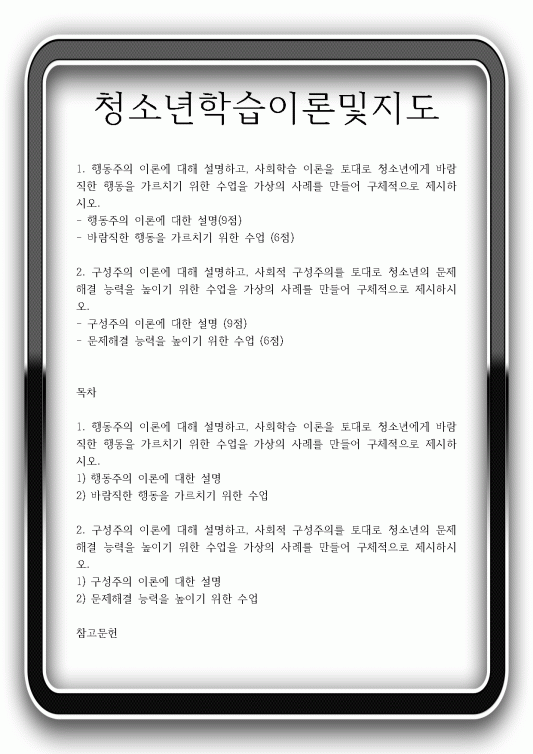 청소년학습이론및지도 행동주의 이론에 대해 설명하고, 사회학습 이론을 토대로 청소년에게 바람직한 행동을 가르치기 위한 수업을 가상의 사례