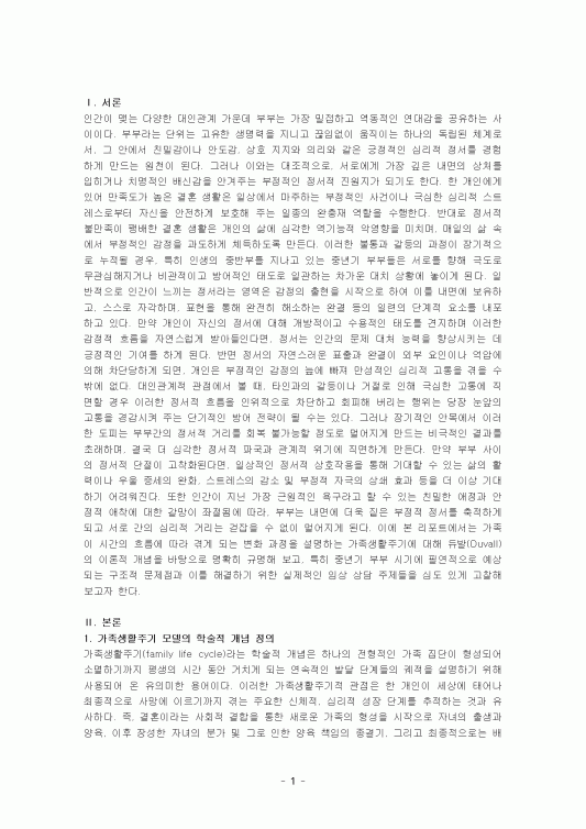 가족상담및가족치료-가족생활주기에 대한 학자별 설명 중에 한가지를 선택해 설명하고 중년기 부부시기에 어려움을 겪을 것으로 예상되는 문제나 상담주제에 대해 생각해보고 자신의 의견을 서술하시오