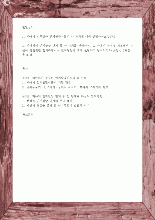 발달심리 피아제가 주장한 인지발달이론의 각 단계에 대해 설명