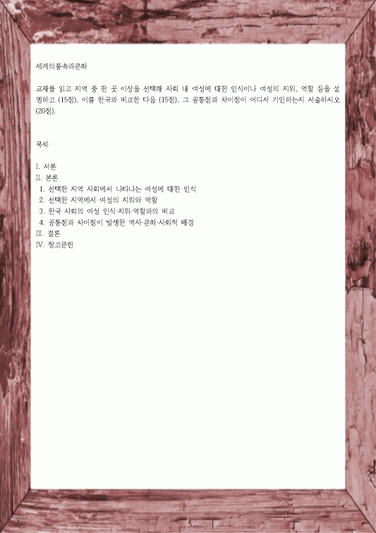 사회 내 여성에 대한 인식이나 여성의 지위, 역할 등을 설명 세계의풍속과문화