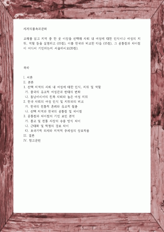 세계의풍속과문화 교재를 읽고 지역 중 한 곳 이상을 선택해 사회 내 여성에 대한 인식이나 여성의 지위 역할 등을 설명