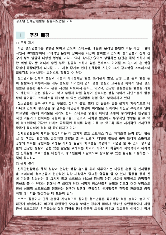청소년 신체단련활동 활동지도안을 기획