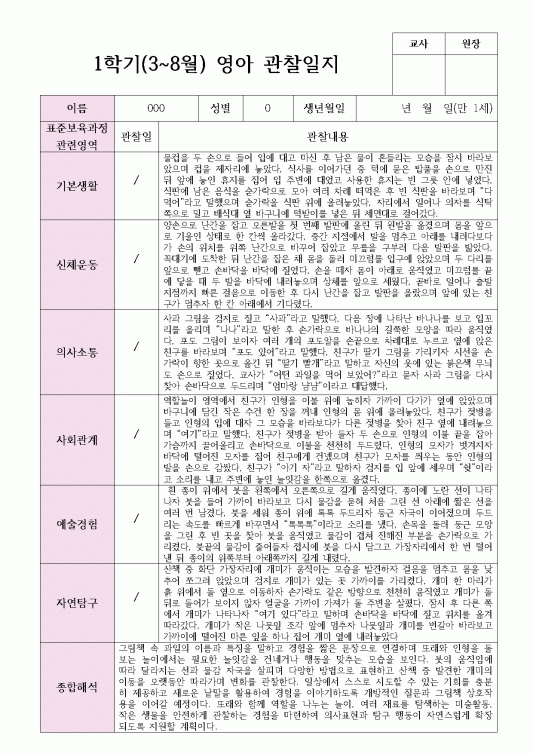실제 사레 1학기 관찰일지와 발달평가  만 1세 10명
