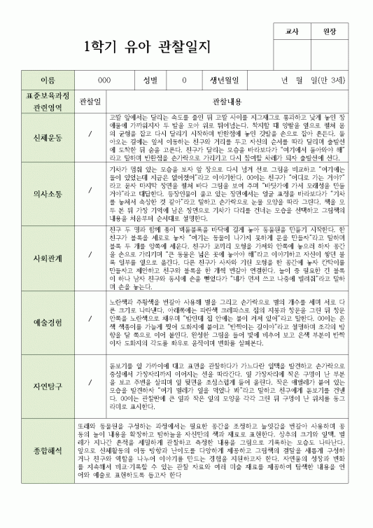 실제현장사례 만 3세  20명 평가제 통과 1학기 관찰일지와 발달평가 연계작성