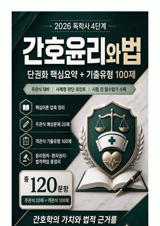 독학사 4단계 간호윤리와법 단권화 기출유형 100제(객관식 100 주관식 20) 정답과 해설 & 핵심요약 &시험전 팁