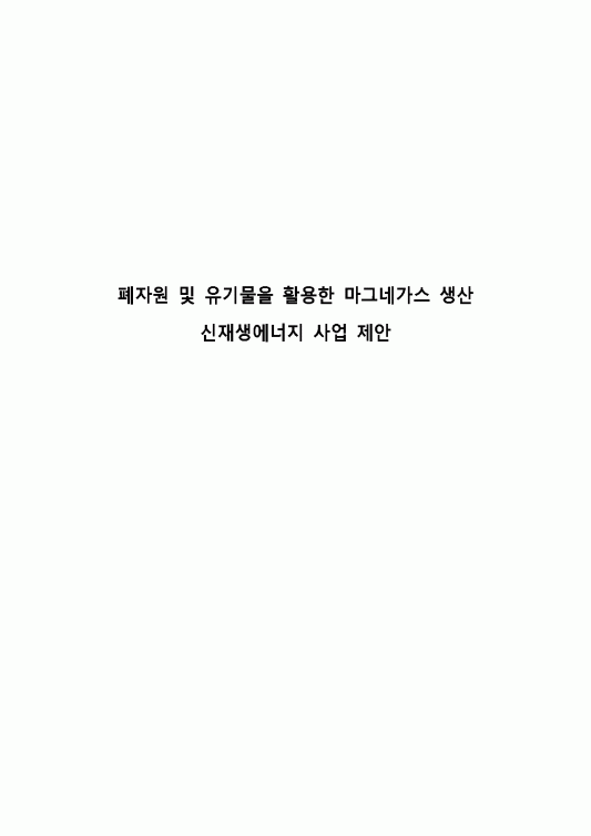 폐자원 및 유기물을 활용한 마그네가스 생산 신재생에너지 사업 제안